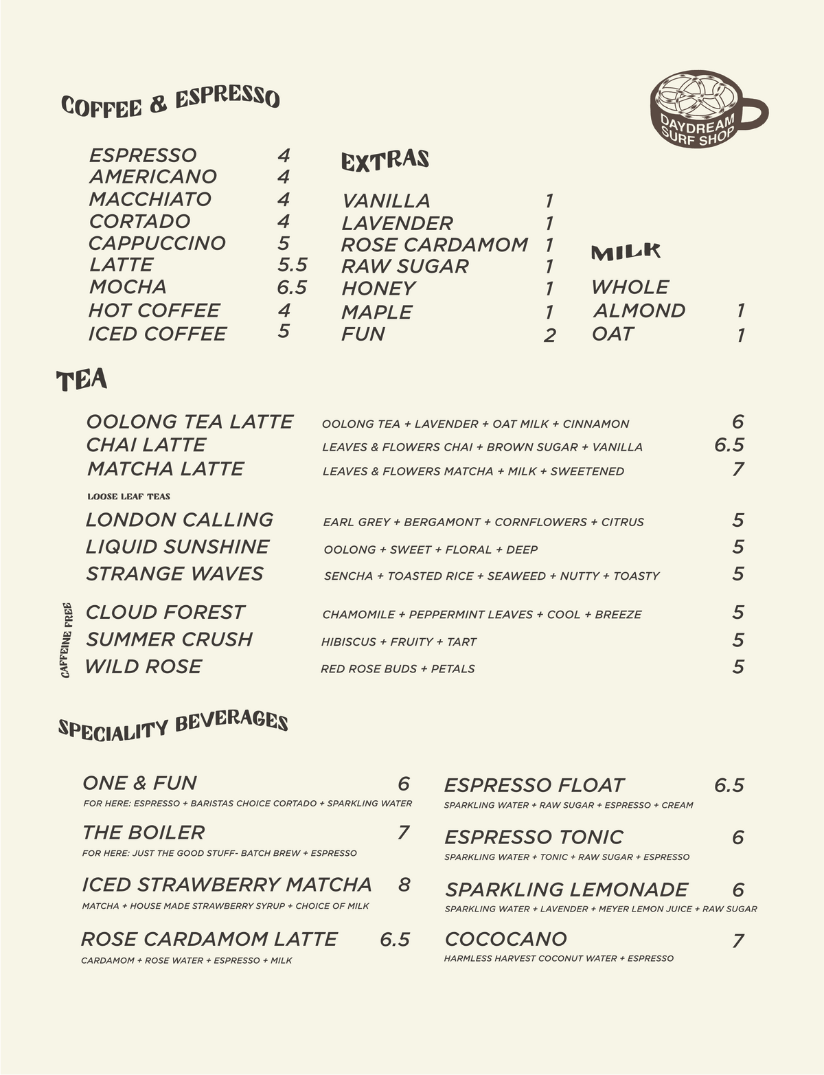 Cafe & Kitchen Menu – Daydream Surf Shop