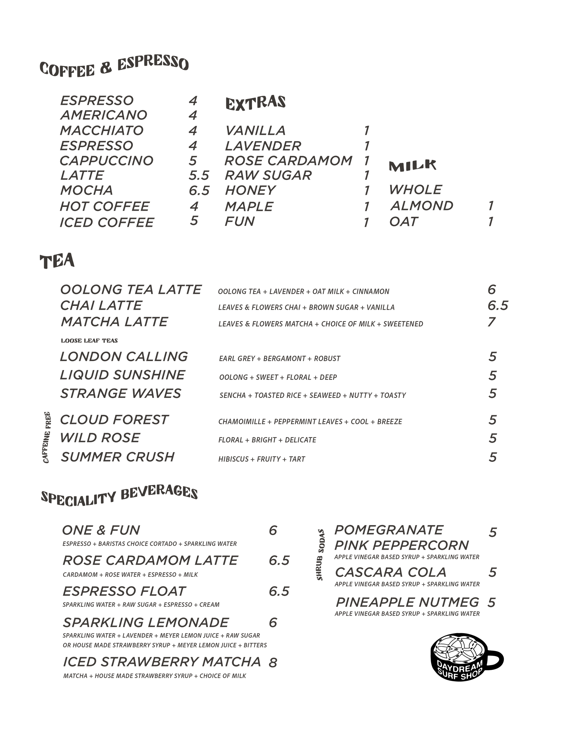 Cafe & Kitchen Menu – Daydream Surf Shop