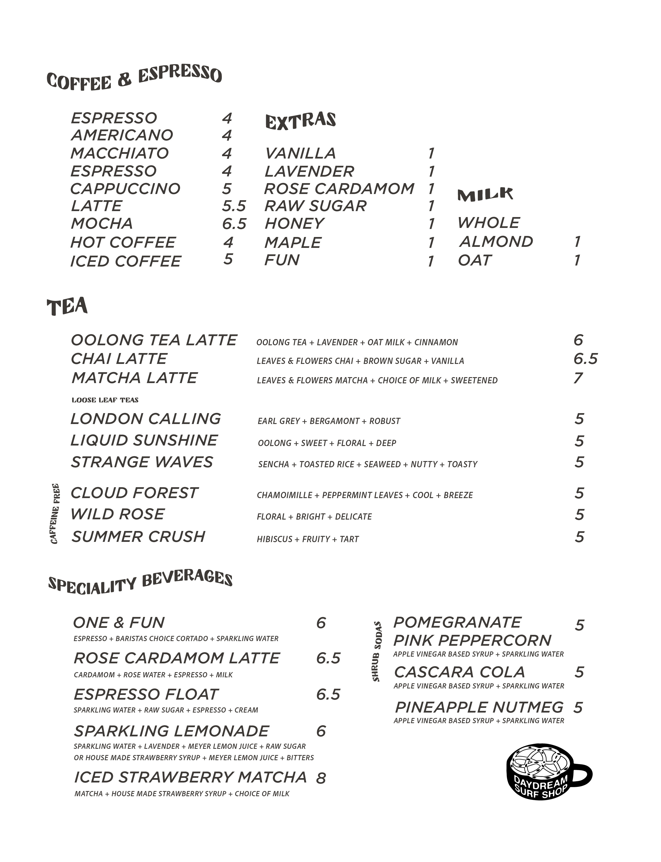 Cafe & Kitchen Menu – Daydream Surf Shop