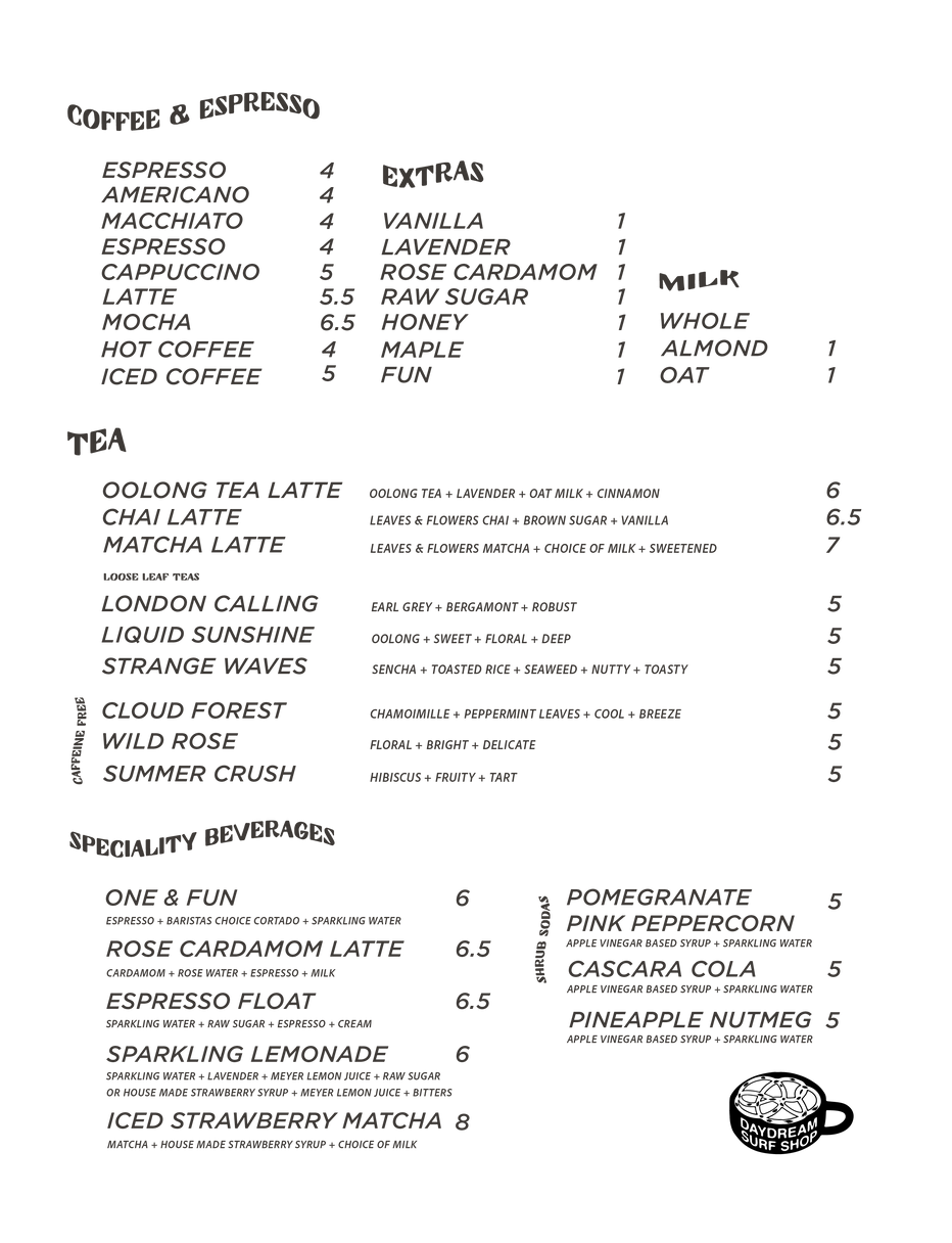 Cafe & Kitchen Menu – Daydream Surf Shop